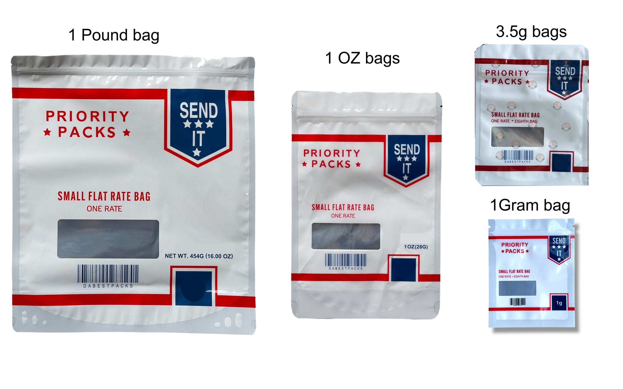 Priority Packs Combo Mylar Bags 1 Pound + 50 oz + 100 3.5g + 100 1g